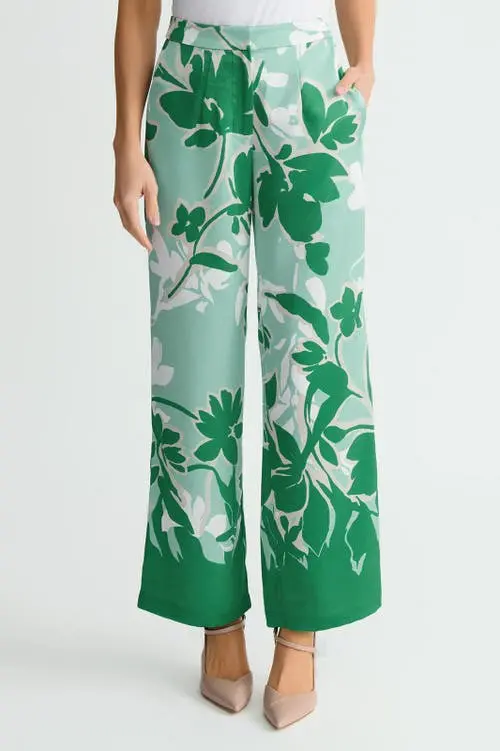 Ming Wang Crepe De Chine Floral Printed Wide Leg Pants - Kelly Green/euca/lime
