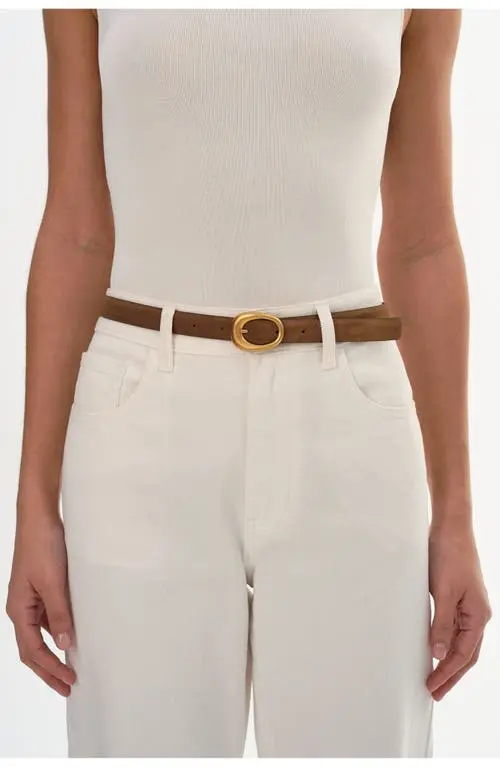 LAMARQUE Antibes Suede Leather Belt With Gold Tone Buckle - Mid Brown