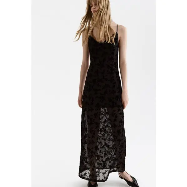 H&m Flock Print Strappy Maxi Dress - Black