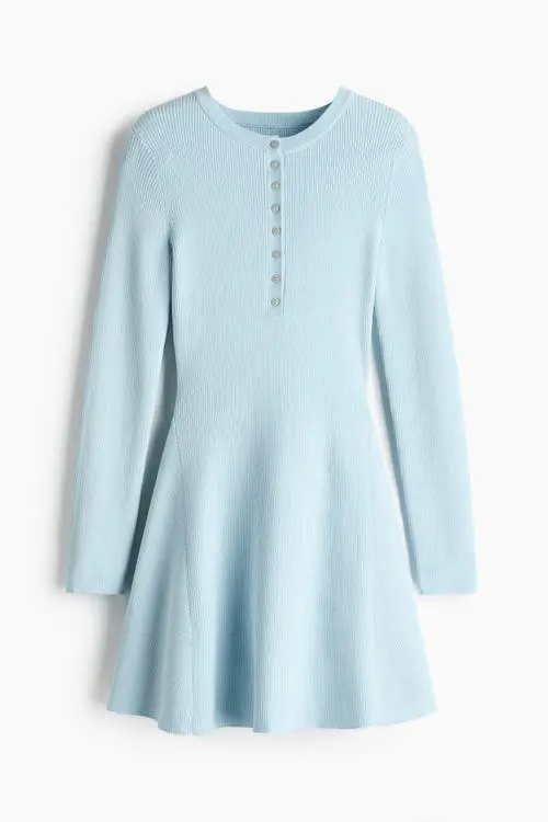 H&m Rib-knit Flared-skirt Dress With Button Placket