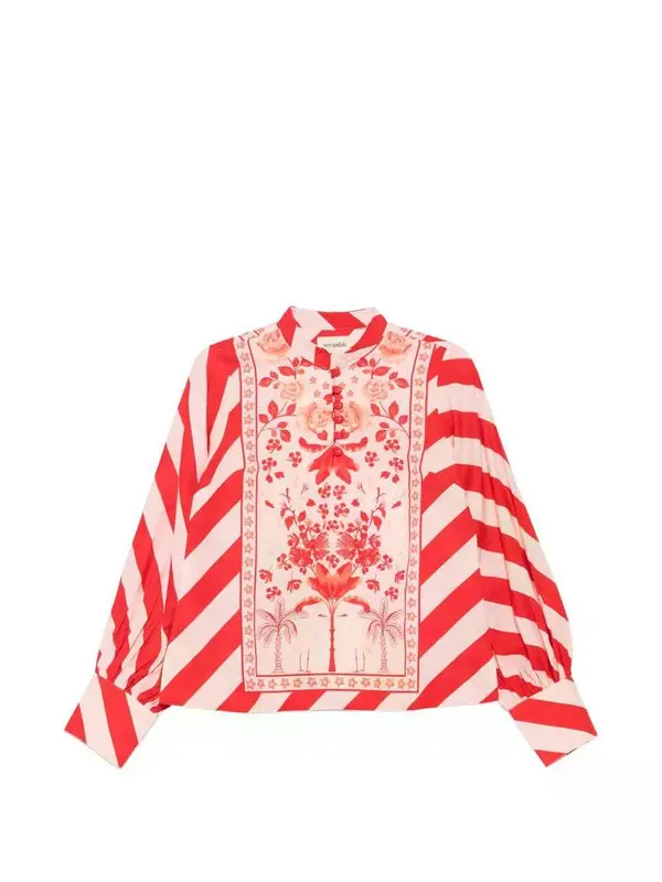 Verandah Floral Print And Striped Sleeve Blouse - Pink