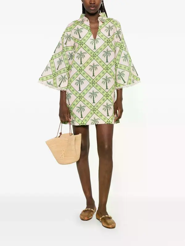 Verandah Palm-print Bell-sleeve Mini Dress - Pink