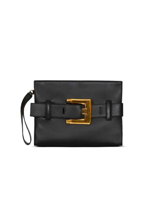 Balmain Anthem Clutch In Smooth Lambskin Leather - Black