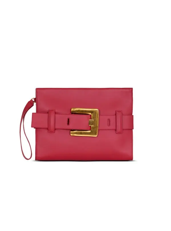 Balmain Anthem Smooth Leather Clutch With Gold Buckle - Red