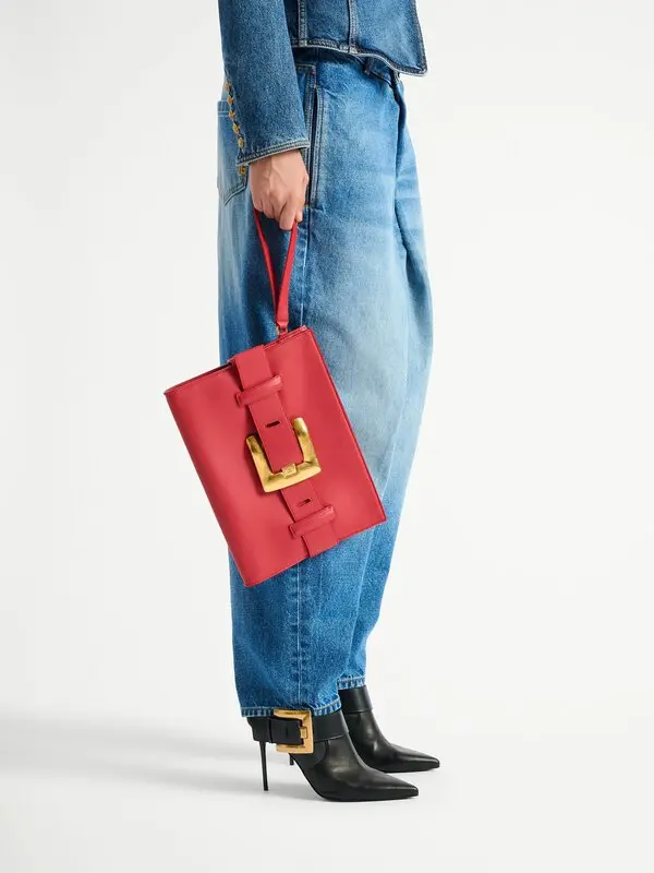 Balmain Anthem Smooth Leather Clutch With Gold Buckle - Red