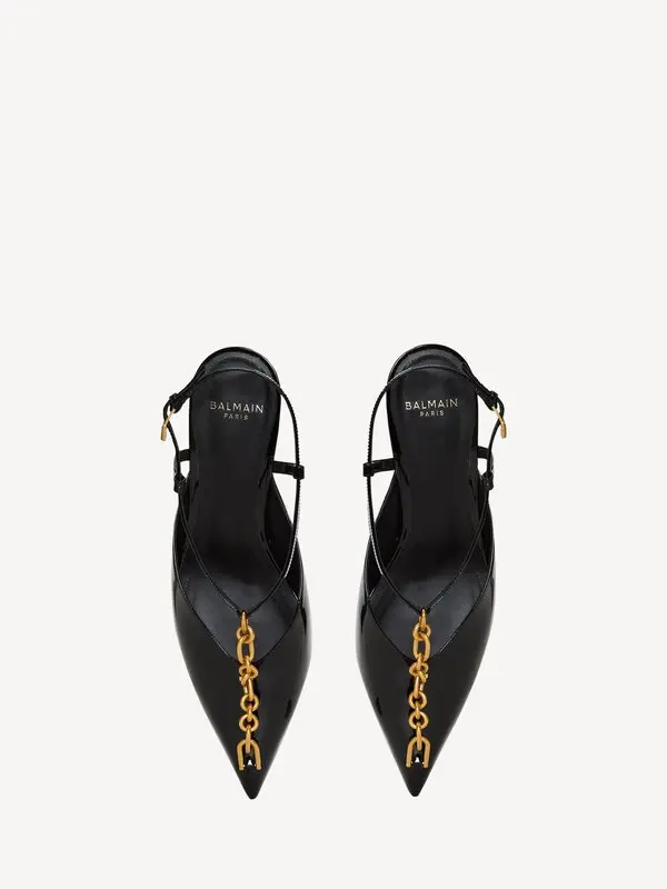 Balmain Patent Leather Sync Chain Kitten Slingbacks