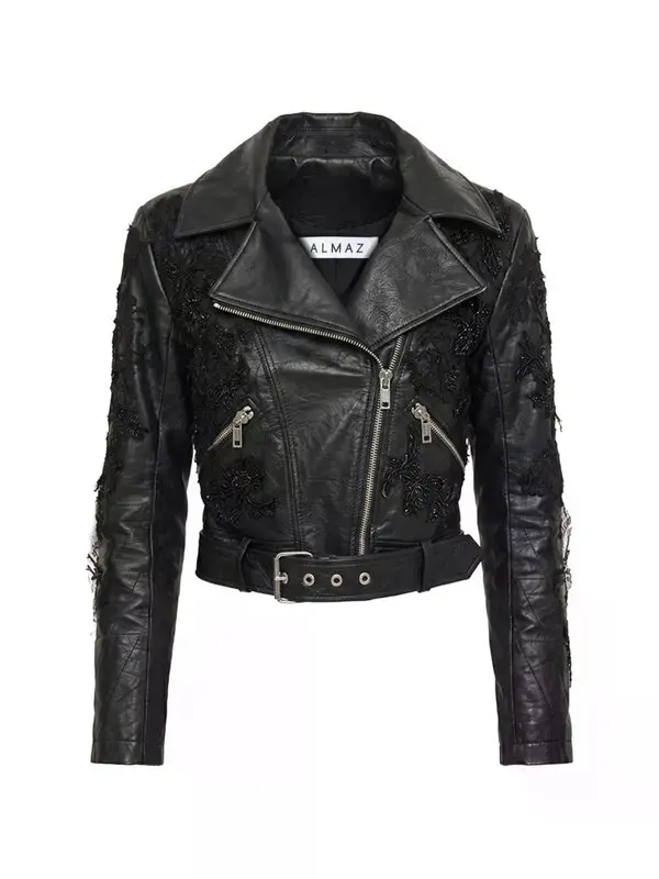 ALMAZ Embroidered Lace-panel Leather Jacket - Black