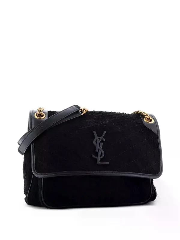 Saint Laurent Niki Chain Flap Bag Matelasse Chevron Tweed Medium Shoulder Bag - Black