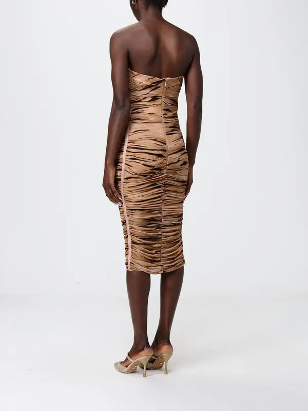 Elisabetta Franchi Ruched Jersey Midi Dress With Animalier Pattern - Camel