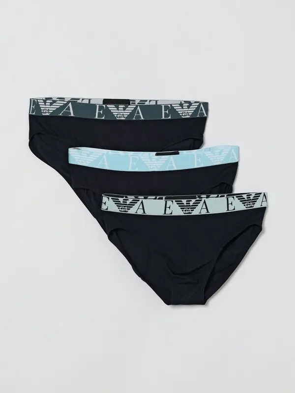 Emporio Armani Set Of 3 Briefs In Stretch Cotton With Jacquard Logo - Blue
