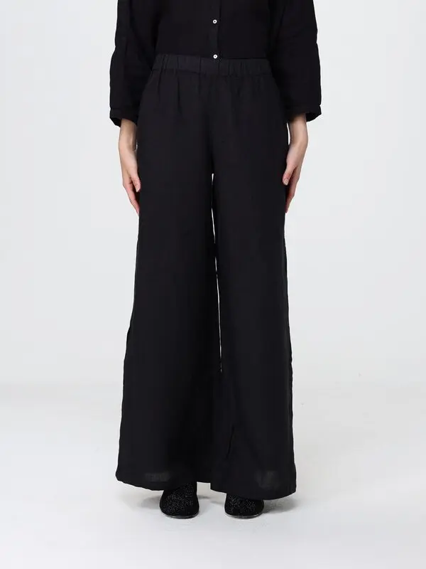 120% Lino Wide Leg Linen Trousers - Black