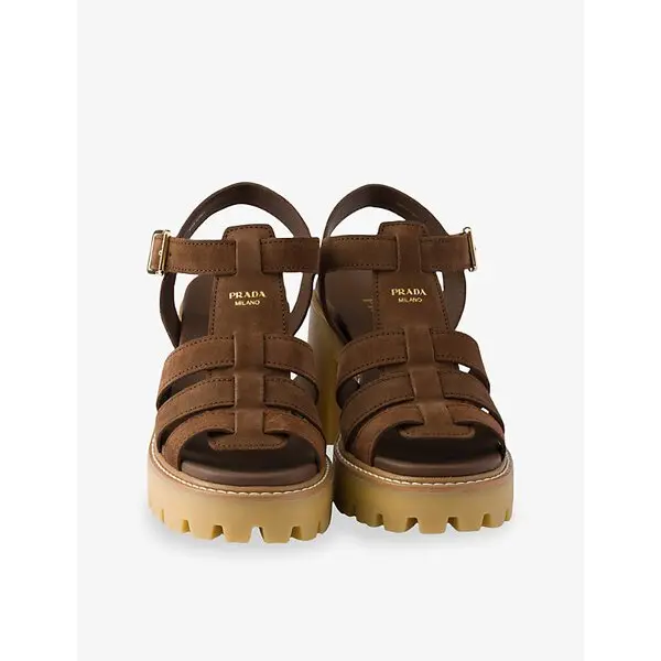 Prada Fisherman Suede Heeled Platform Sandals - Brown