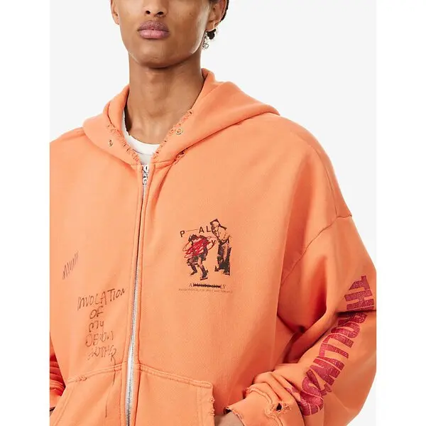 PALY HOLLYWOOD Distressed Logo-print Cotton Hoodie - Orange