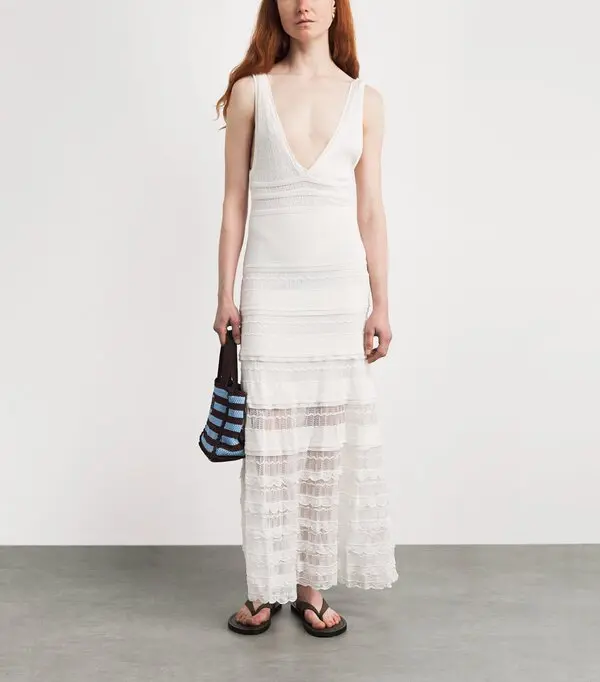 Sandro Pointelle Knit Maxi Dress With Plunging Neckline - Beige
