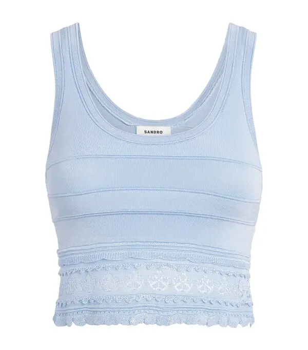 Sandro Pointelle Lace Trim Cropped Tank Top - Blue