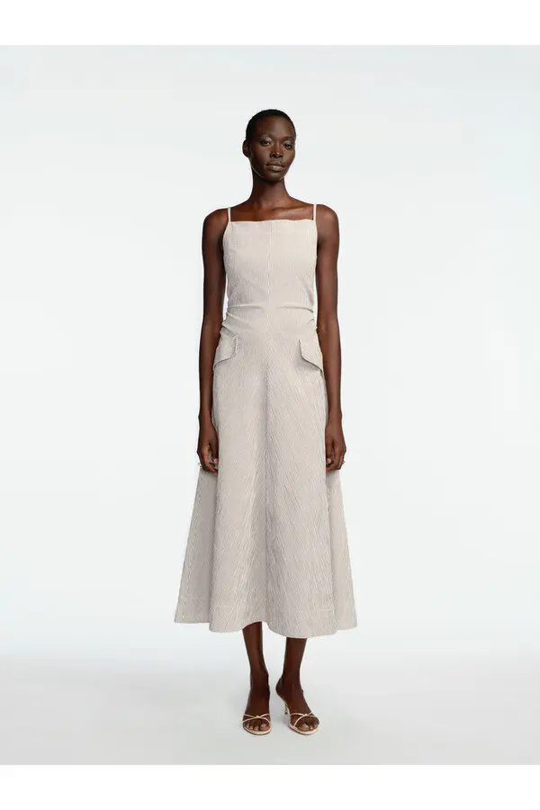 Lela Rose Striped Seersucker Tucked Midi Dress