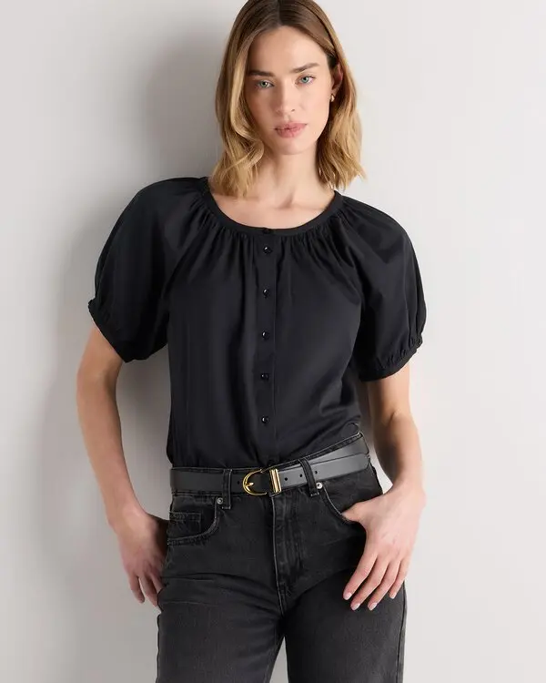 Quince Cotton Viscose Voile Raglan Short Sleeve Blouse - Black