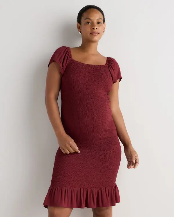 Quince Lightweight Crepe Smocked Flutter Sleeve Maternity Dress - Maroon