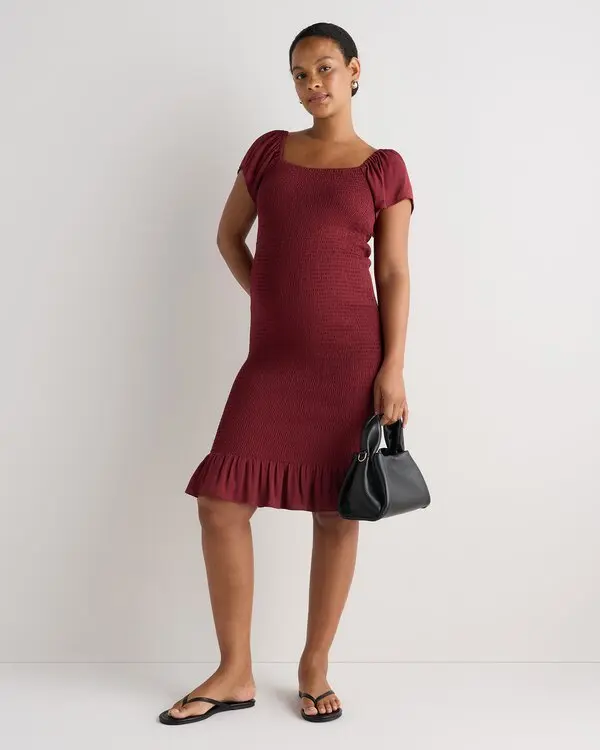 Quince Lightweight Crepe Smocked Flutter Sleeve Maternity Dress - Maroon
