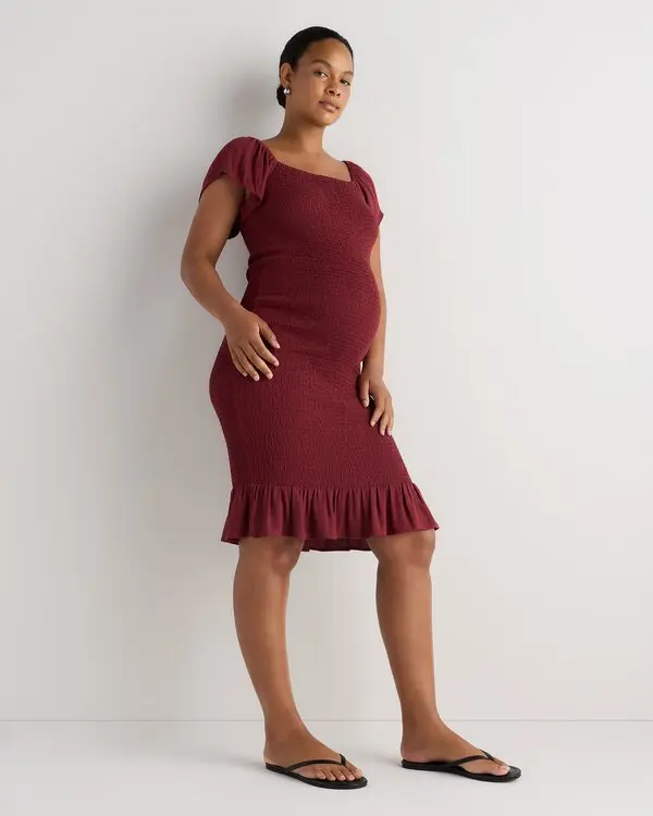 Quince Lightweight Crepe Smocked Flutter Sleeve Maternity Dress - Maroon