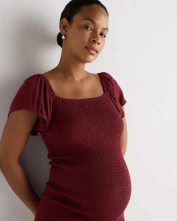 Quince Lightweight Crepe Smocked Flutter Sleeve Maternity Dress - Maroon
