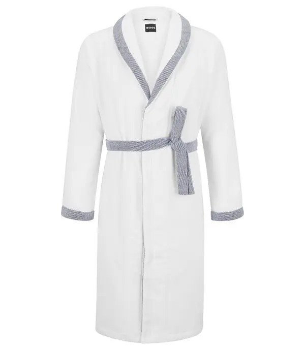 BOSS Embroidered-logo Dressing Gown In Cotton Velvet - White