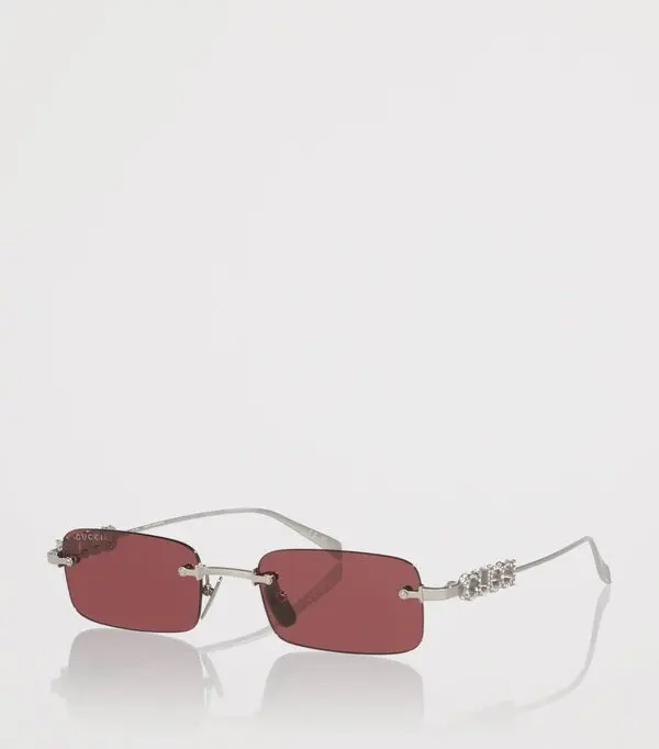 Gucci Rectangular Metal Sunglasses With Rhinestone Embellishments - Silver