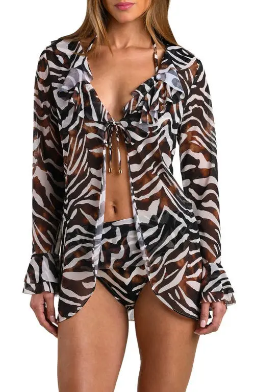 SUNSHINE 79 Longline Sheer Ruffle Cardigan - Brown Multi