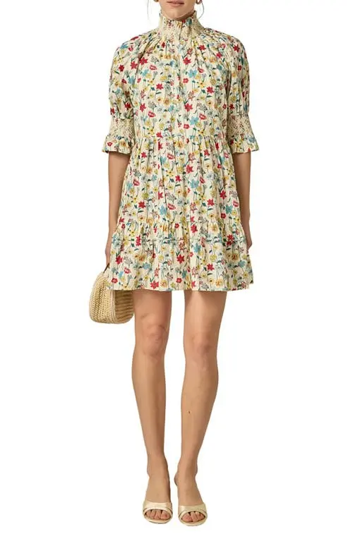 English Factory Floral Smocked Puff Sleeve Minidress - Multi