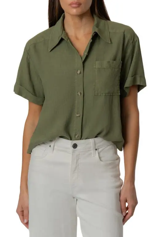 Kut From The Kloth Aida Linen Blend Short Sleeve Button-up Top - Olive