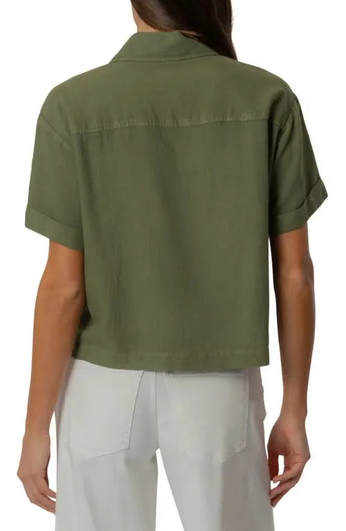 Kut From The Kloth Aida Linen Blend Short Sleeve Button-up Top - Olive
