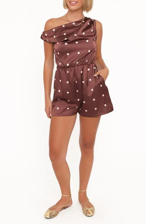 PETAL & PUP Cassidy One-shoulder Polka Dot Romper - Brown Polka Dot
