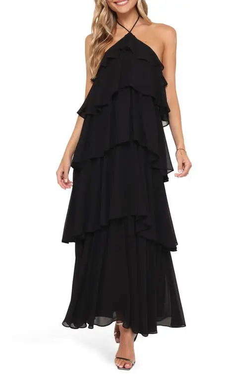 PETAL & PUP Chasity Halter Neck Tiered Maxi Dress - Black