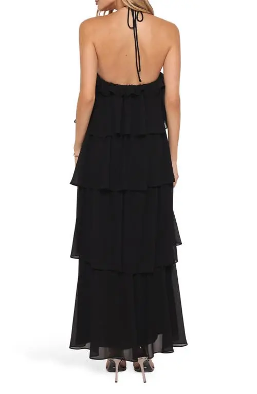 PETAL & PUP Chasity Halter Neck Tiered Maxi Dress - Black