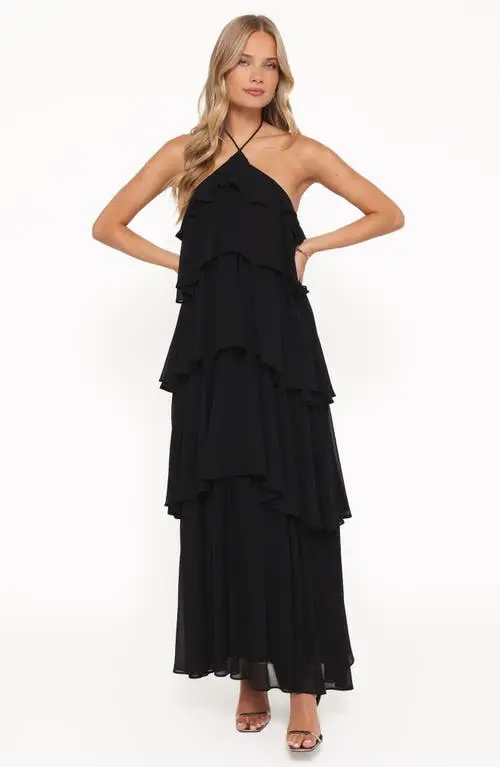 PETAL & PUP Chasity Halter Neck Tiered Maxi Dress - Black