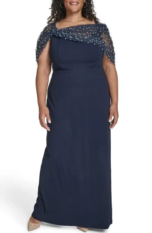 Eliza J Beaded Mesh Overlay Crepe Column Gown
