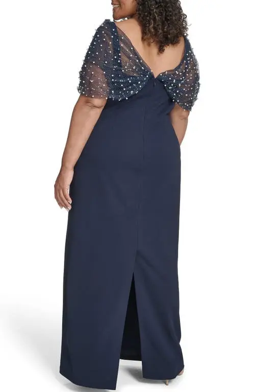 Eliza J Beaded Mesh Overlay Crepe Column Gown