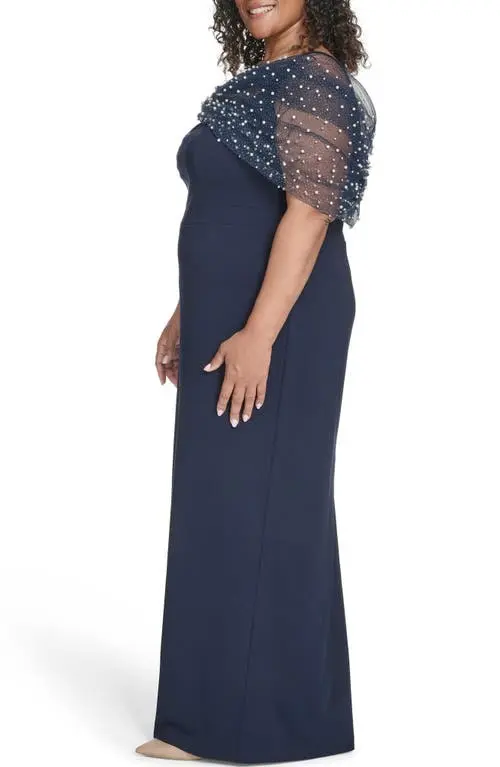 Eliza J Beaded Mesh Overlay Crepe Column Gown