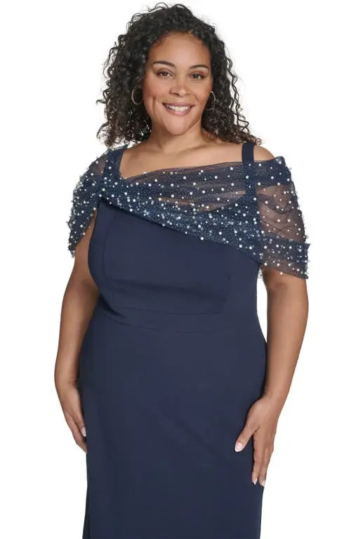 Eliza J Beaded Mesh Overlay Crepe Column Gown