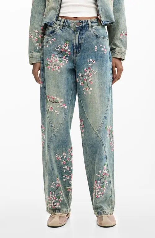 Desigual Floral Embroidery Straight Leg Jeans - Medium Blue