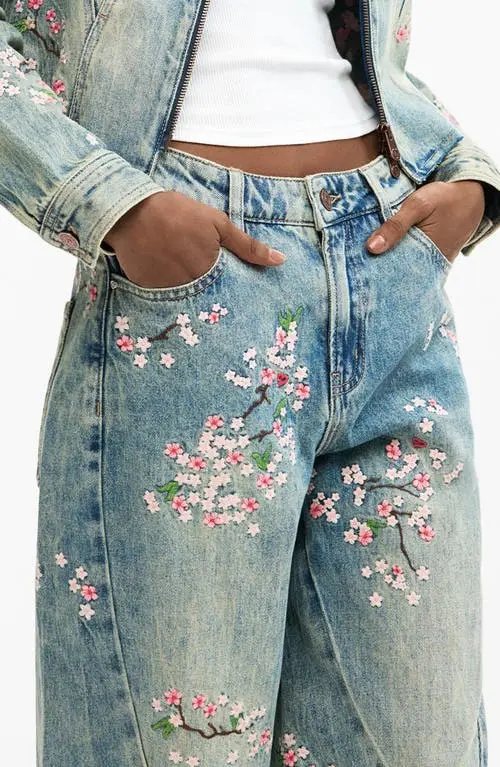 Desigual Floral Embroidery Straight Leg Jeans - Medium Blue