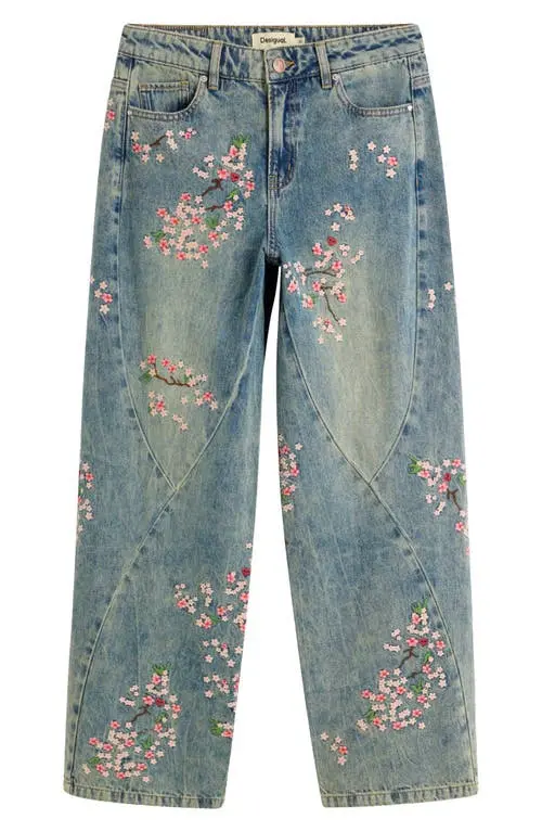 Desigual Floral Embroidery Straight Leg Jeans - Medium Blue