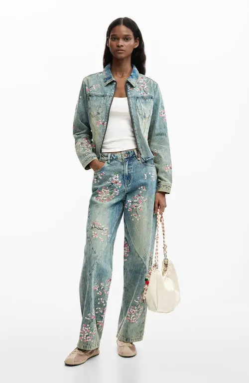 Desigual Floral Embroidery Straight Leg Jeans - Medium Blue