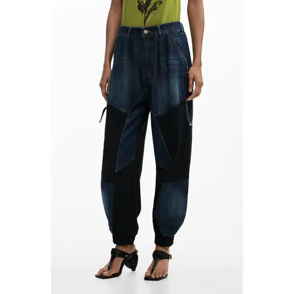 Desigual Patchwork Barrel Leg Jeans With Zip Pockets - Medium Blue
