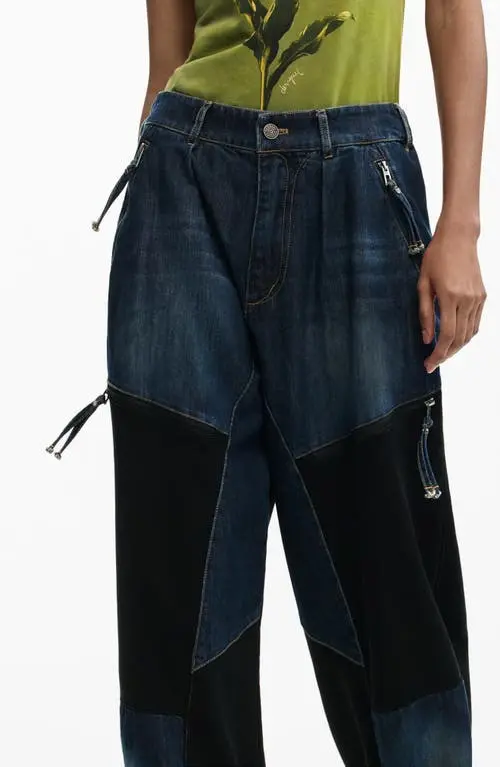Desigual Patchwork Barrel Leg Jeans With Zip Pockets - Medium Blue