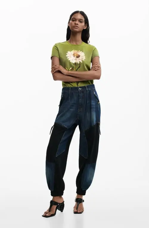 Desigual Patchwork Barrel Leg Jeans With Zip Pockets - Medium Blue