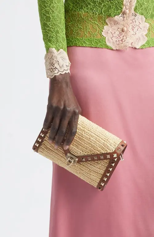Valentino Garavani Mini Rockstud Raffia Crochet Shoulder Bag - Natural