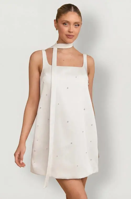 SIX STORIES Anya Scatter Bead Mini Dress With Neck Scarf - White