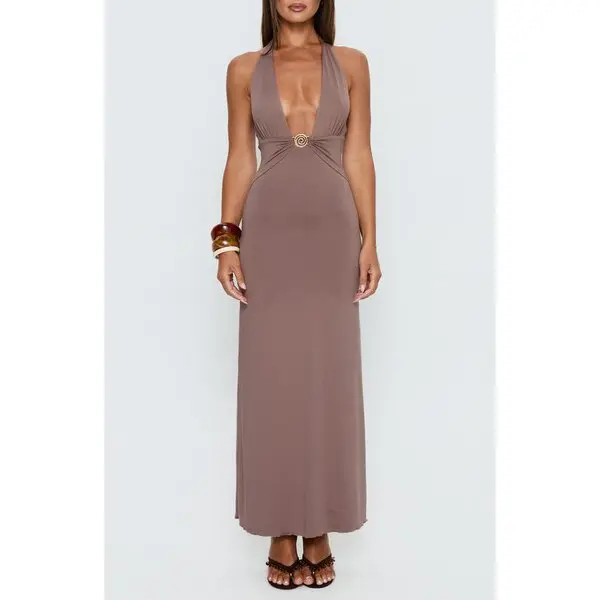Princess Polly Naysana Plunge Halter Maxi Dress - Mocha