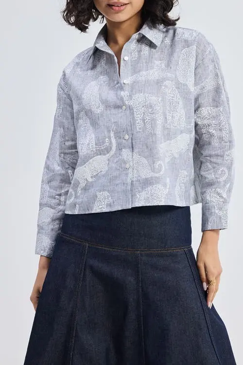 REISTOR Oversized Boxy-fit Linen Shirt With Handprinted Animal Theme